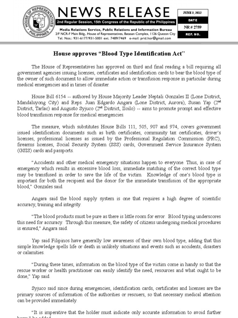 Blood Type ID Bill Passed | PDF | Identity Document | Blood Transfusion