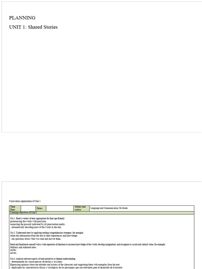 Planning Unit 1 Language Fifth Grade | PDF | Reading Comprehension ...