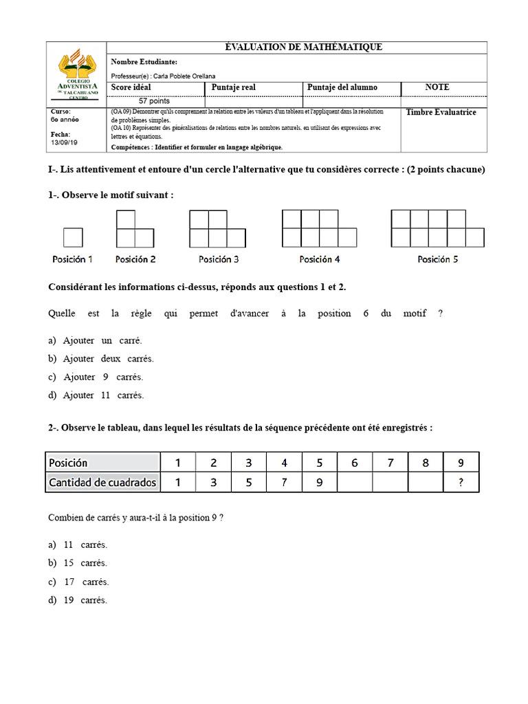 Évaluation de mathématiques 6e année | PDF | Algèbre | Mathématiques