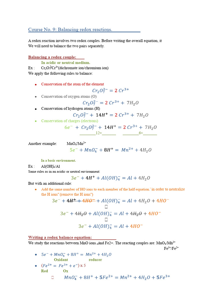 Course 9 Balancing Redox Reactions | PDF
