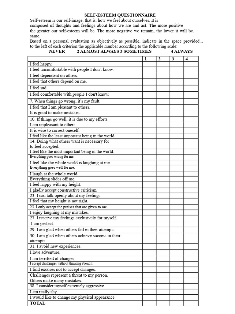 Self-Esteem Assessment Questionnaire | PDF