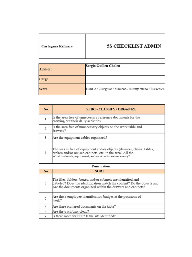 5S Administrative Checklist | PDF | Desk