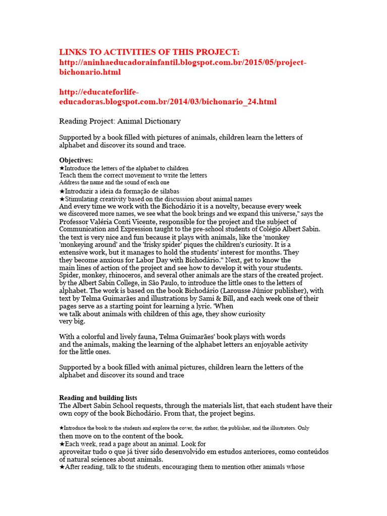 ANIMAL PROJECT EDUC INF AND FUND 1 | PDF | Books | Literacy