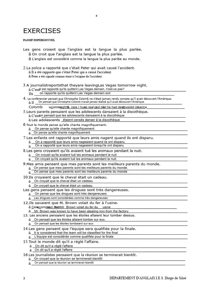 Exercices sur le Passif Impersonnel | PDF