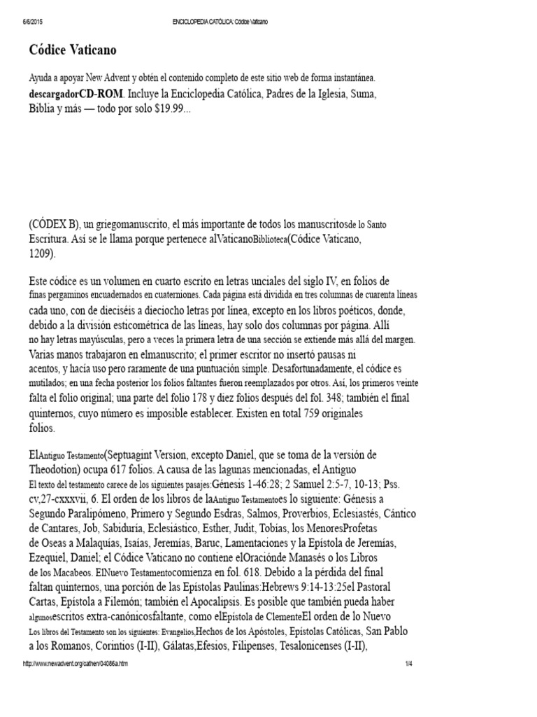 ENCICLOPEDIA CATÓLICA - Codex Vaticanus PDF | PDF | Nuevo Testamento ...