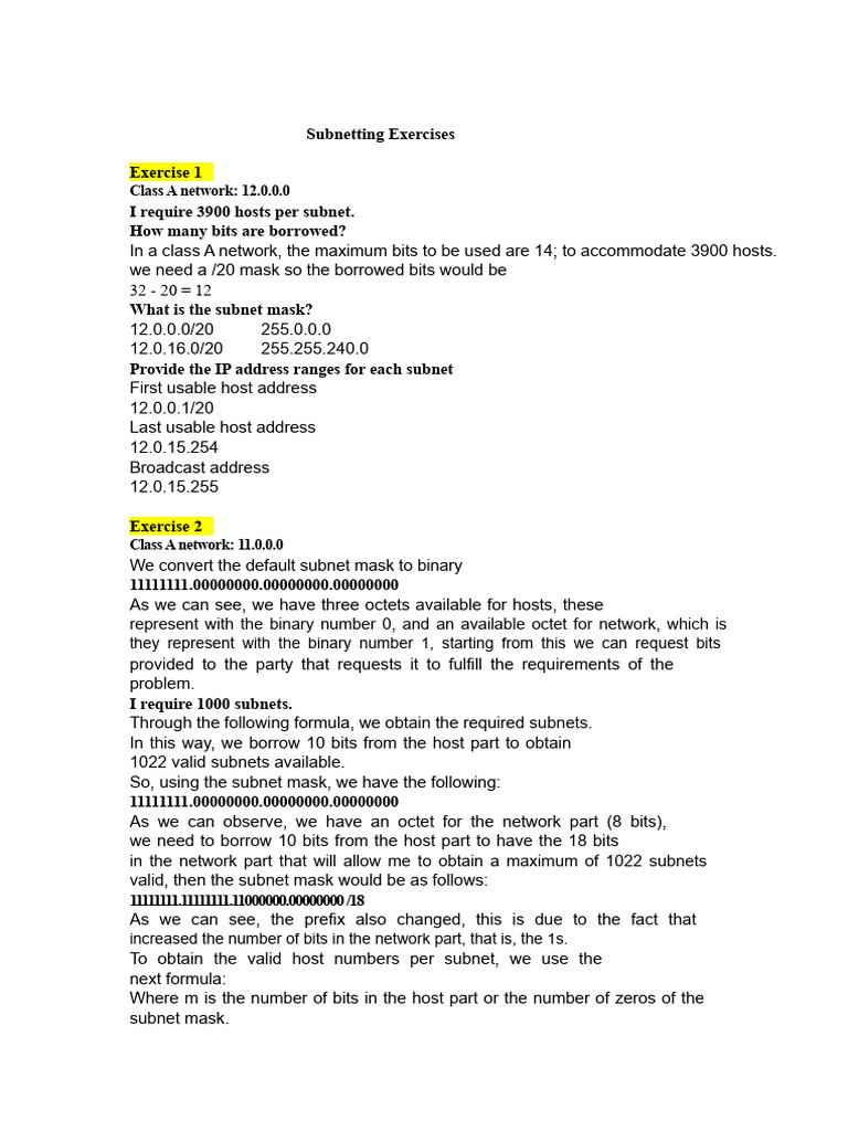 Subnetting Exercises for Class A, B, C Networks | PDF | Ip Address ...