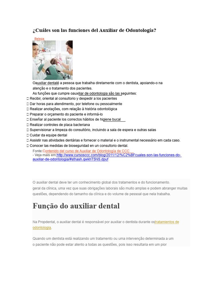 Funções do Auxiliar de Odontologia | PDF | Odontologia | Medicina Clínica