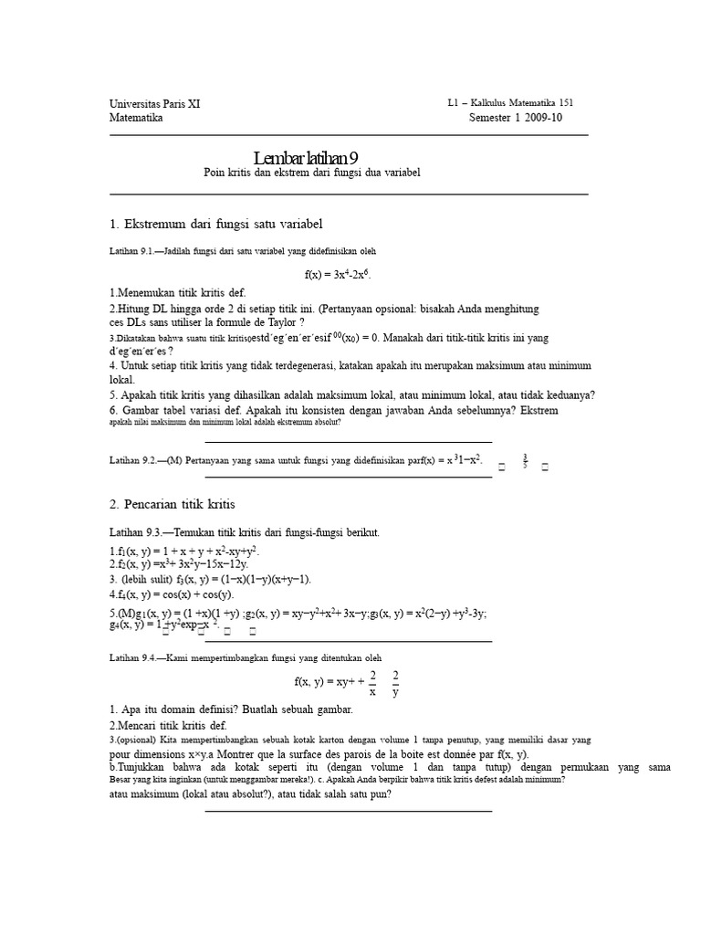 Latihan 9 - Ekstrem Dari Fungsi Beberapa Variabel | PDF