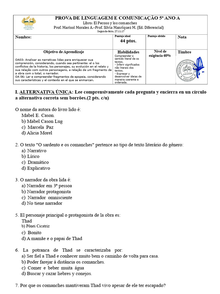 Prova de Linguagem 5º Ano: El Pecoso | PDF