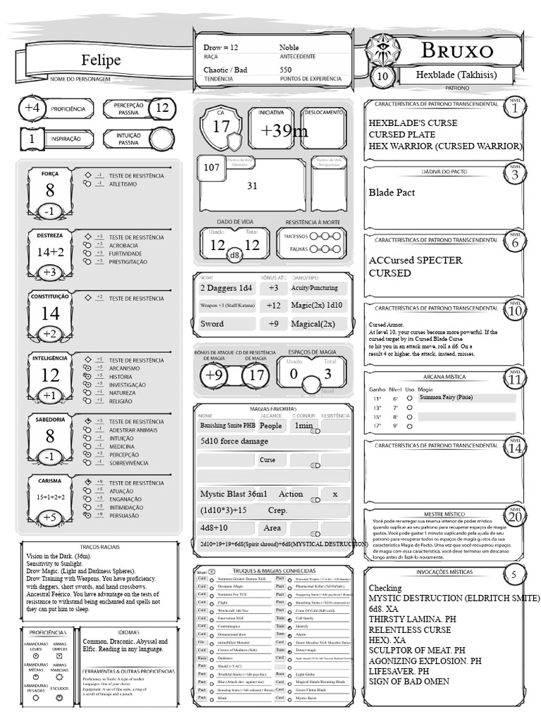DND 5e - Character Sheet - Warlock (HexBlade) - Vitor's Table ...