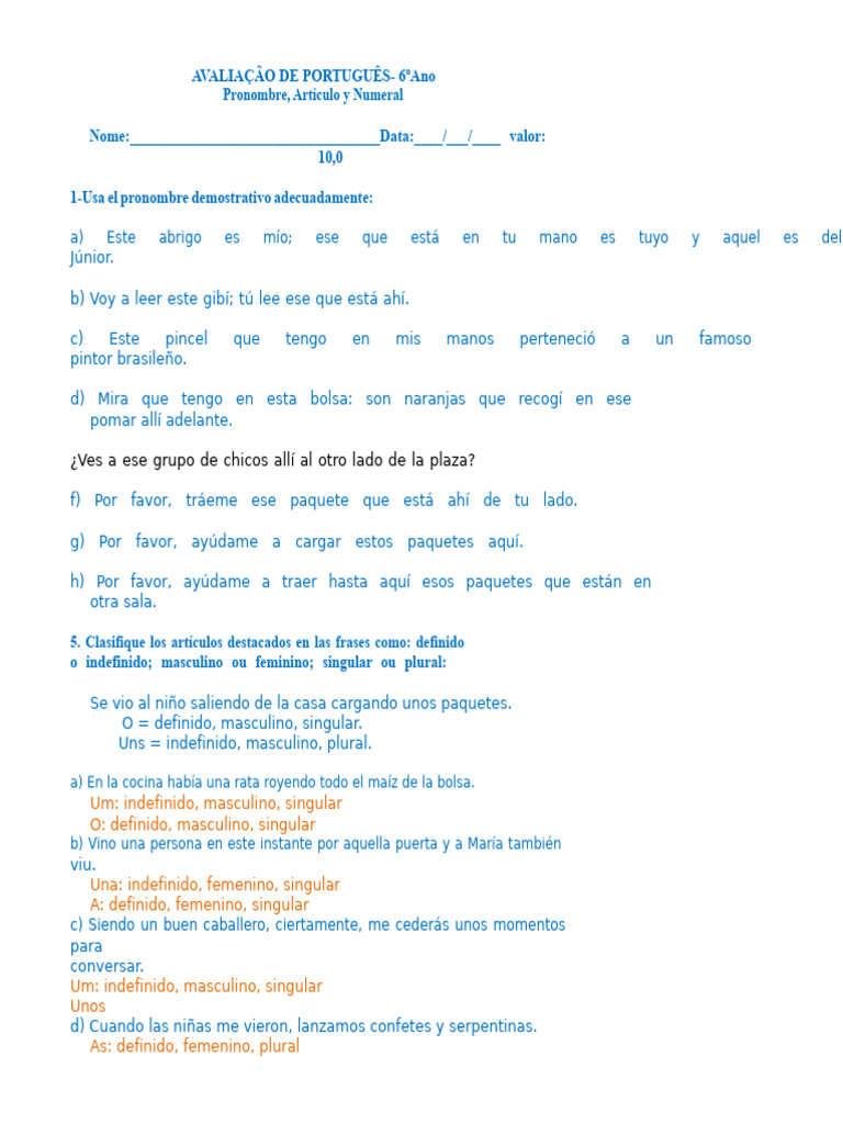2Av Pronombre Artículo y Numeral Gabarito | PDF | Relaciones ...