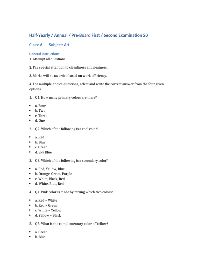 Class 6 Art Exam Questions and Tasks | PDF