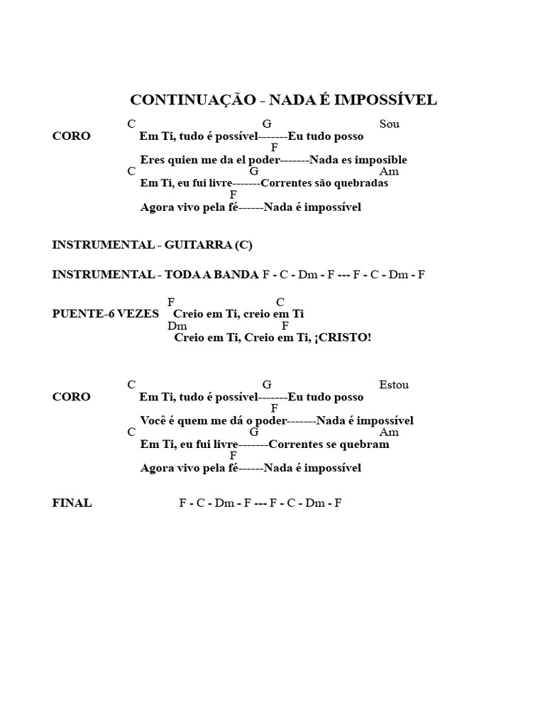 Letra da Música "Nada é Impossível" | PDF