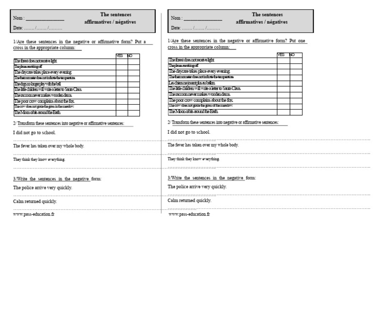 Affirmative Sentence and Negative Sentence CE1 Exercises To Print | PDF ...