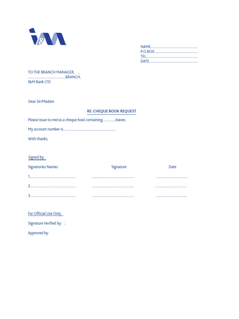 Cheque Book Request Form Template | PDF