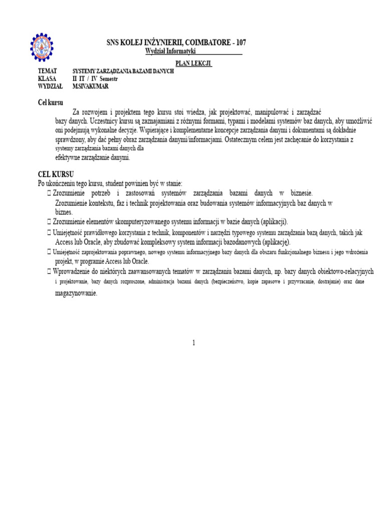 Plan lekcji DBMS | PDF