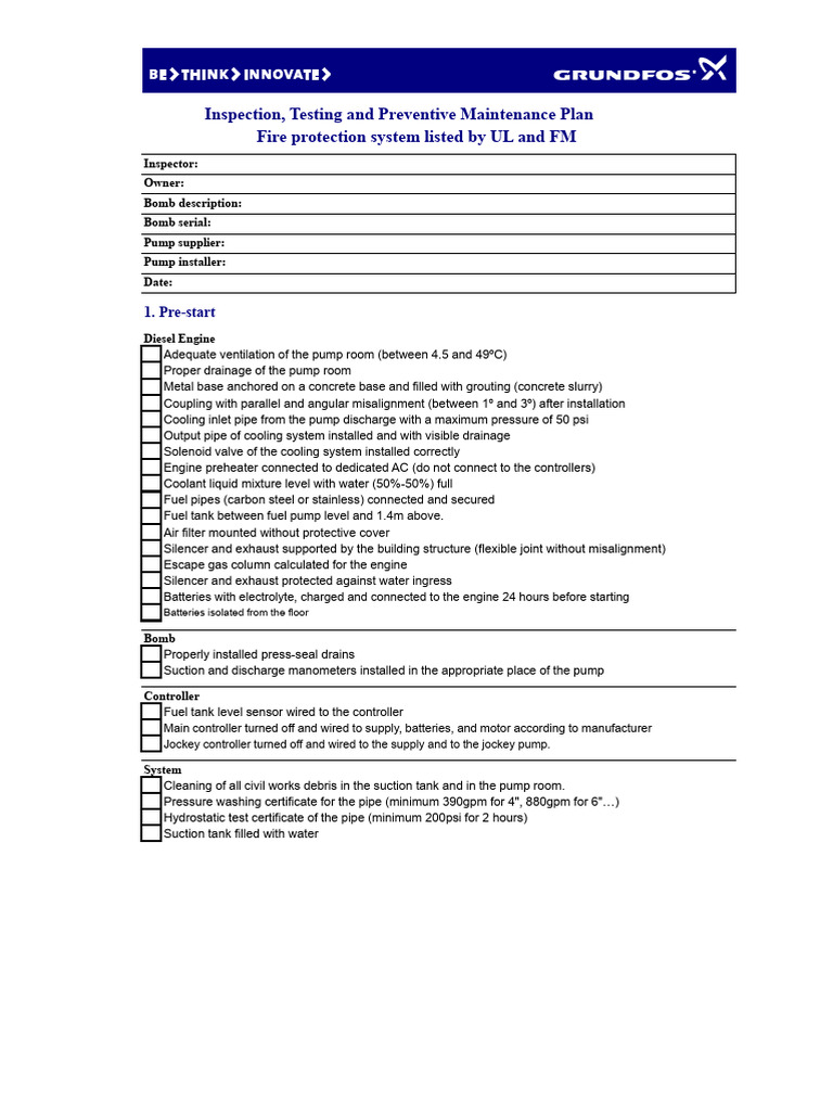 NFPA 25 Horizontal Diesel Checklist | PDF | Pump | Valve