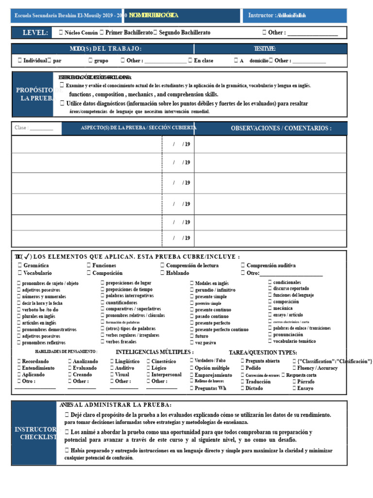 Formulario de Informe de Prueba Diagnóstica - 2019 | PDF | Pronombre ...