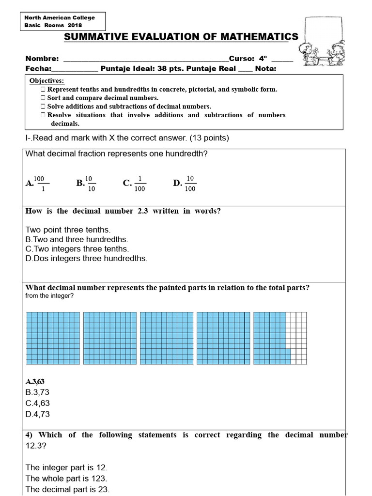 Math Assessment Fourth Decimals | PDF | Numbers | Decimal