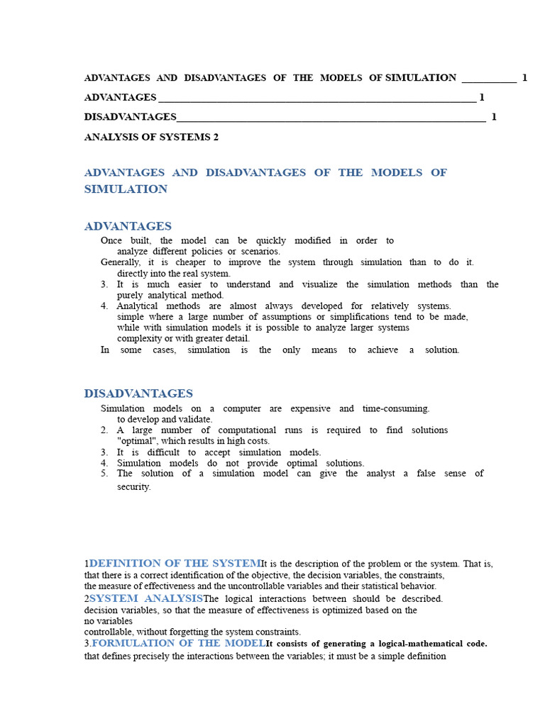 Advantages and Disadvantages of Simulation Models | PDF | Simulation ...