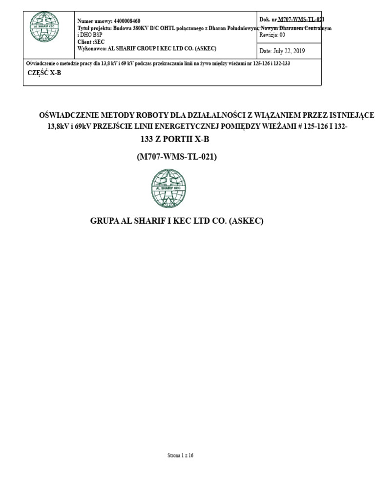 Metoda oświadczenia i JSA dla linii na żywo 13,8kV i 69kV między lokalizacjami 125 a 126 PX-B | PDF