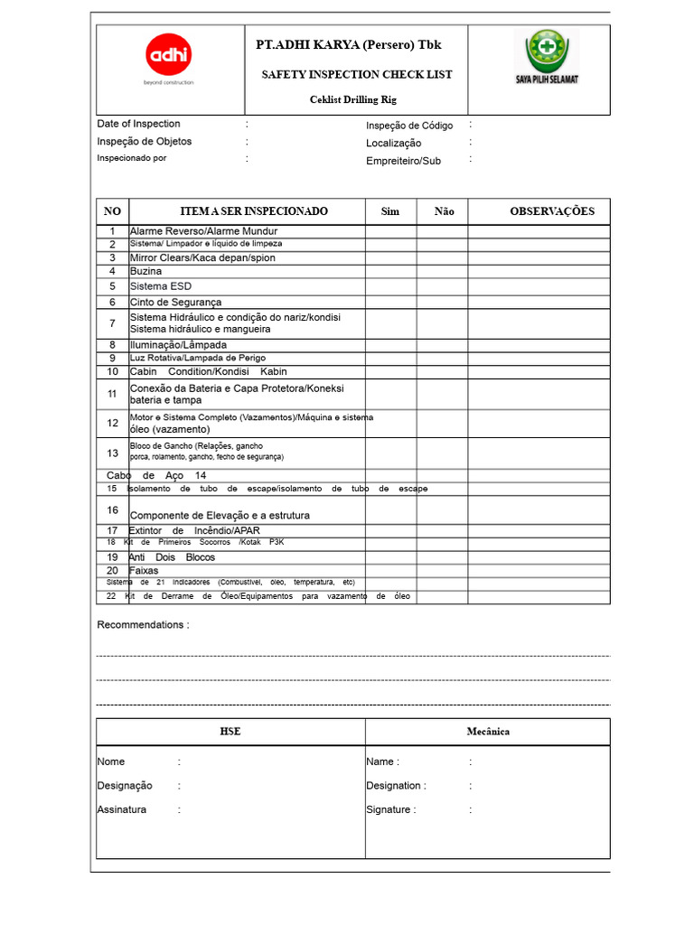 Checklist SOP Sonda de Perfuração Pile Bore | PDF