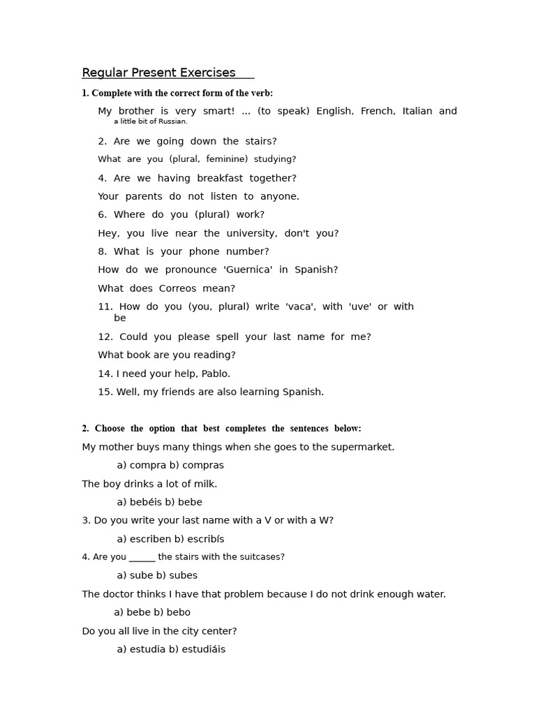 Present Tense Verb Exercises | PDF | Languages | Foreign Language Studies
