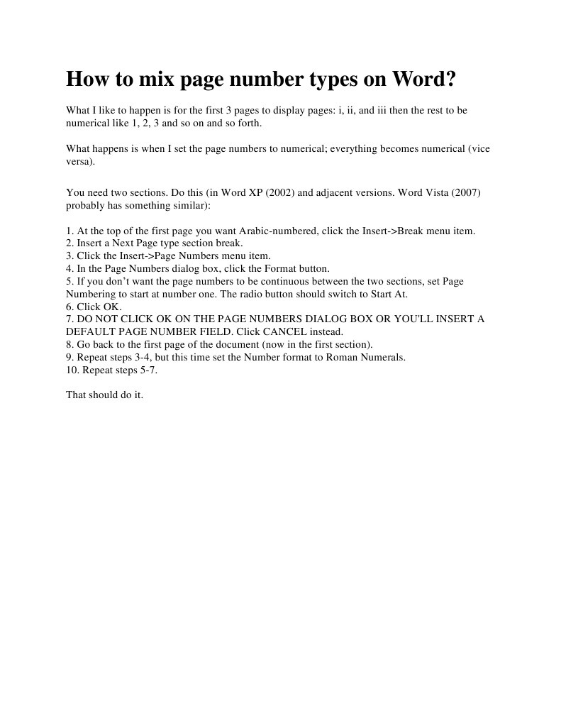 How To Mix Page Number Types On Word | PDF