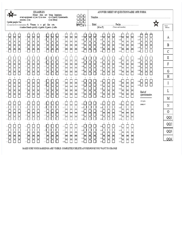 Questionnaire Answer Sheet 16FP | PDF