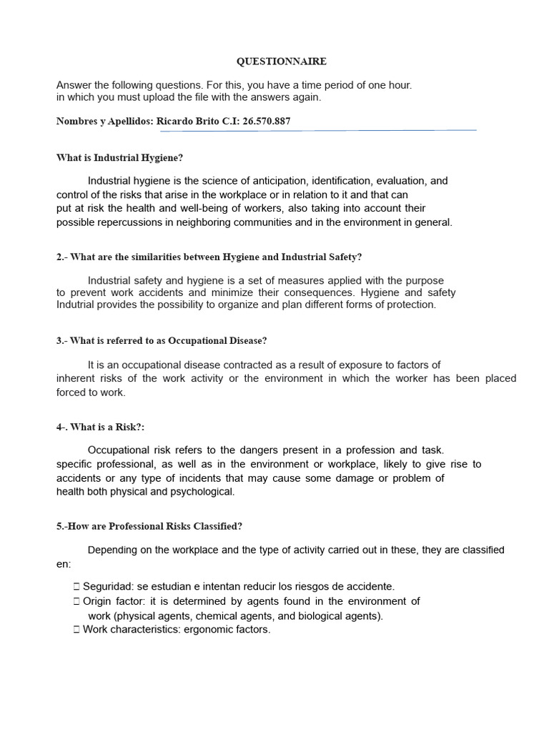 Industrial Hygiene and Safety Questionnaire | PDF | Occupational ...