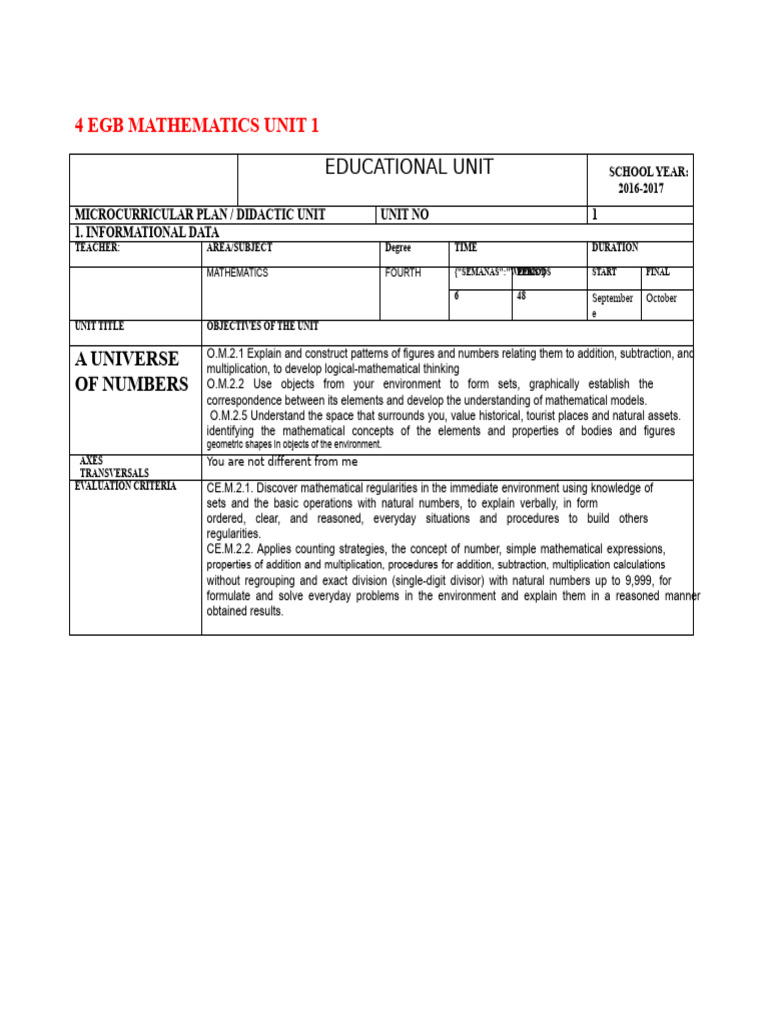 4th Year EGB M Planning by Didactic Unit (1) | PDF | Mathematics | Geometry