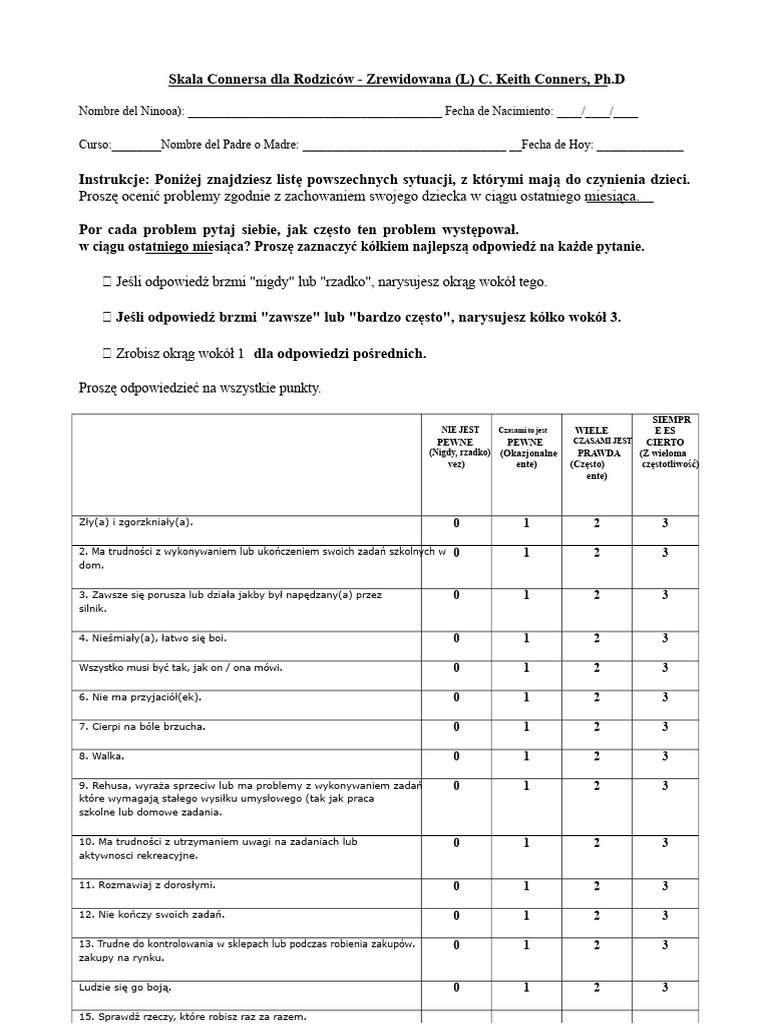 Skala Connersa Dla Rodziców (L) | PDF