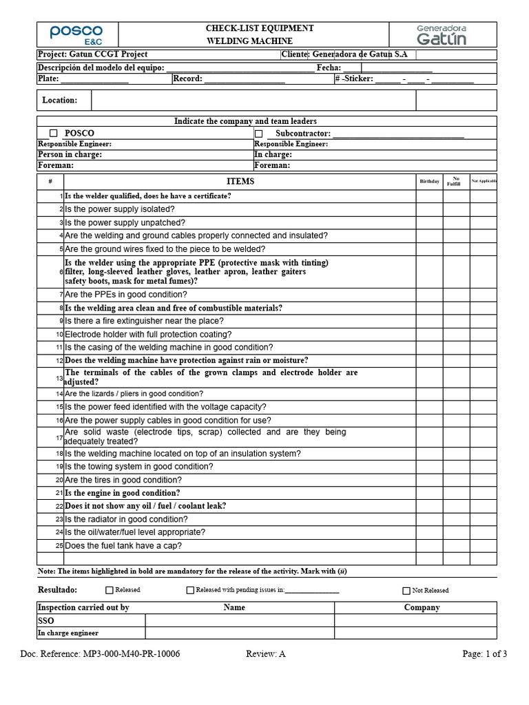 Welding Machine Safety Checklist | PDF | Welding | Construction