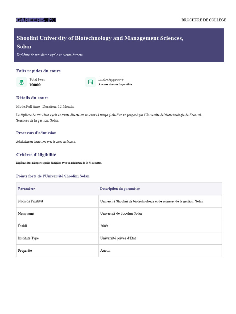 Diplôme de Troisième Cycle en Vente Directe - Université Shoolini Solan ...