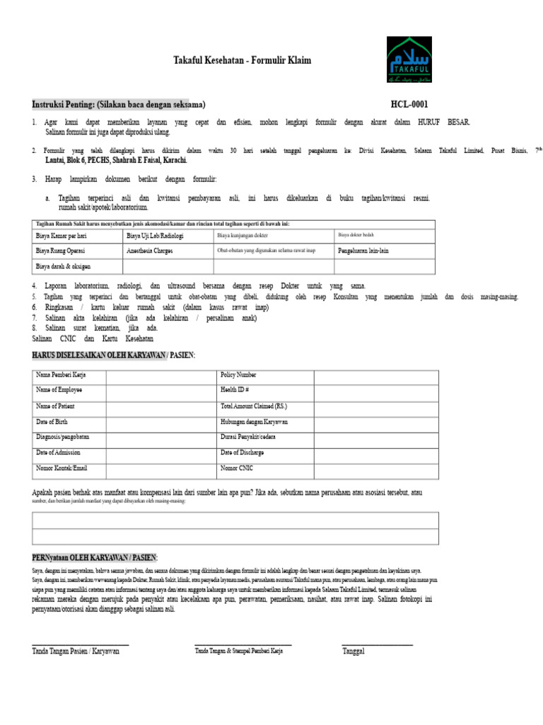Formulir Klaim Takaful Kesehatan | PDF