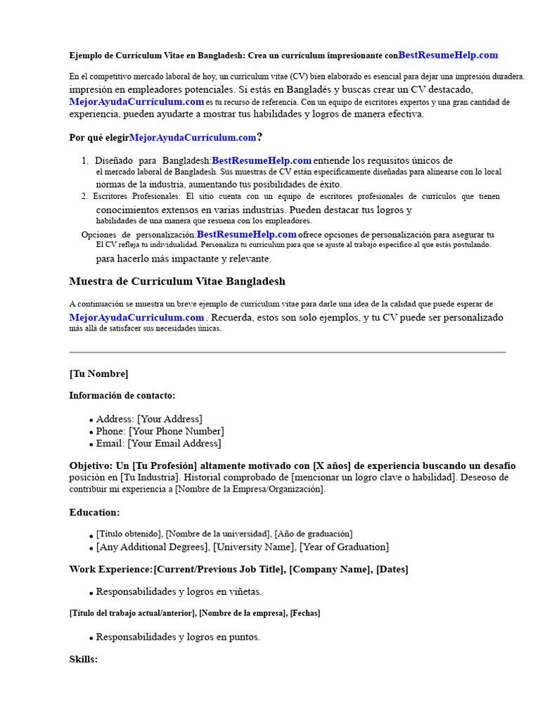 Ejemplo de Currículum Vitae Bangladesh | PDF | Plan de estudios | La ...