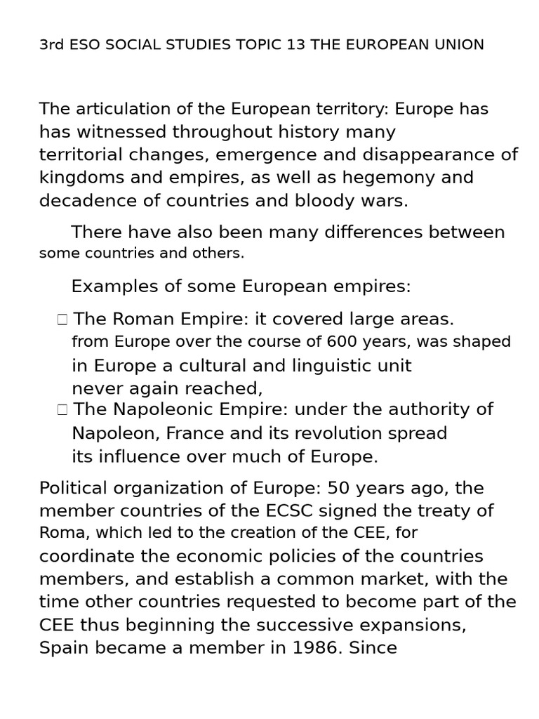 3rd Year ESO Social Studies Topic 13 The European Union | PDF ...
