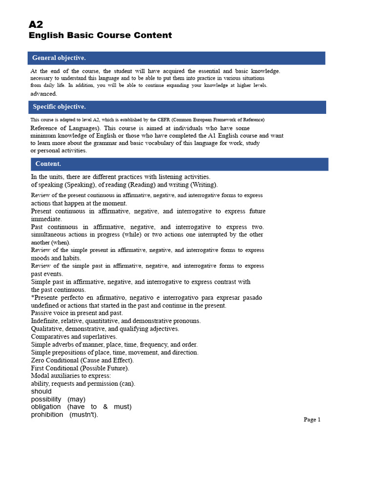 Course syllabus A2 | PDF | English Language | Adverb