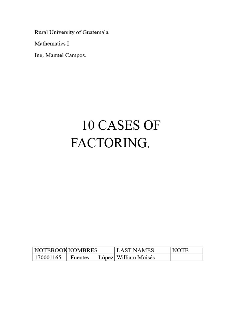 10 Factoring Cases in Algebra | PDF | Subtraction | Factorization