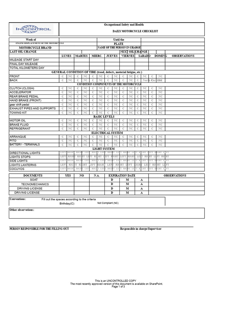 Daily Motorcycle Safety Checklist | PDF | Vehicle Technology | Motor ...