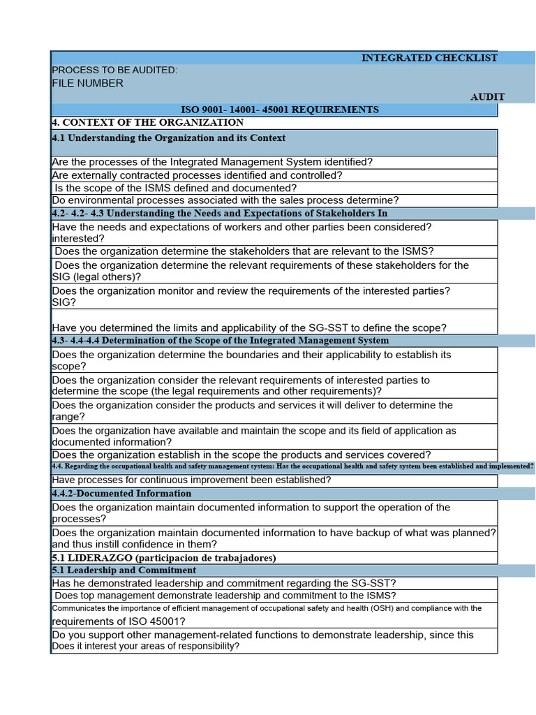 Integrated Management System Audit Checklist | PDF | Risk | Audit