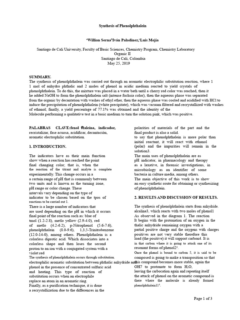 Synthesis of Phenolphthalein | PDF | Chemical Reactions | Acid