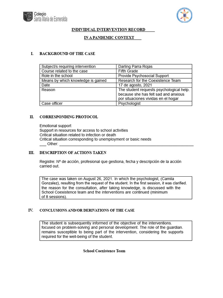 SCHOOL COEXISTENCE INTERVENTIONS RECORD SHEET Darling Parra | PDF