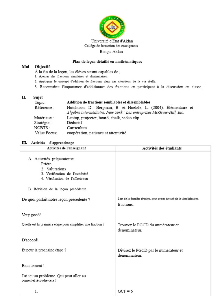 Plan de Leçon | PDF | Algèbre | Division