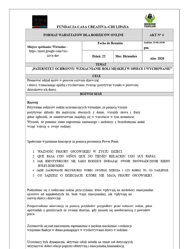 Protokół Warsztatu Dla Rodziców - Cdi Lipaya Grudzień | PDF