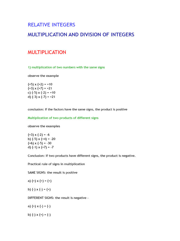 Relative Integers - Multiplication and Division | PDF | Multiplication ...