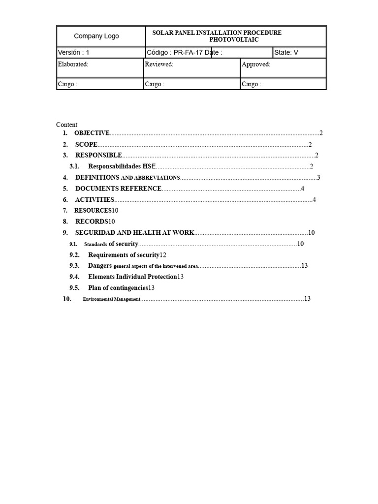 PTS Procedure Installation of Photovoltaic Solar Panels | PDF | Waste ...