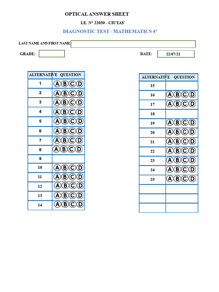 OPTICAL SHEET - 4th GRADE - MATHEMATICS | PDF