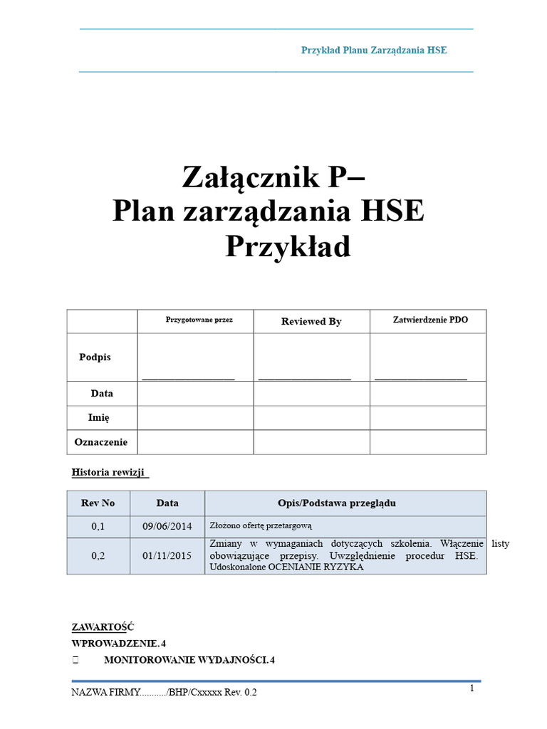 Aneks P - Plan Zarządzania HSE | PDF