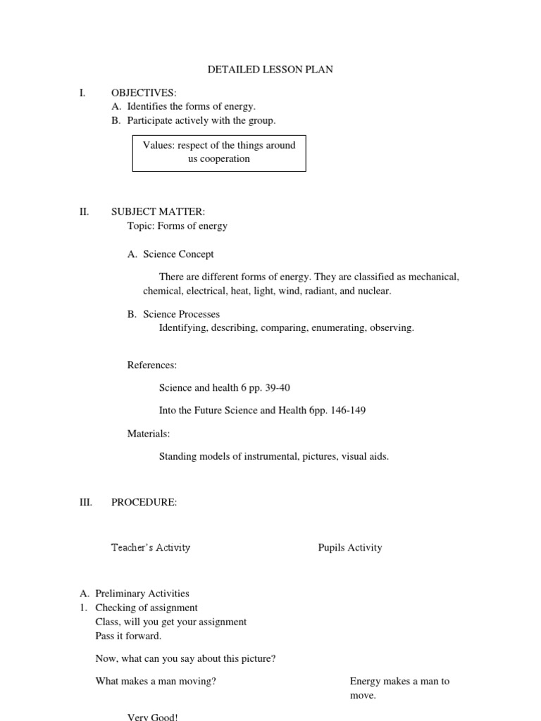 Energy Forms Lesson Plan for Grade 4 | PDF | Forms Of Energy ...